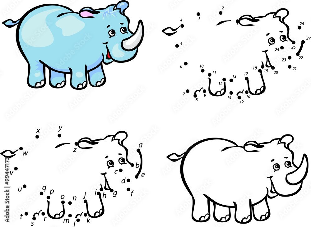 Cartoon rhino. Vector illustration. Coloring and dot to dot game Stock ...