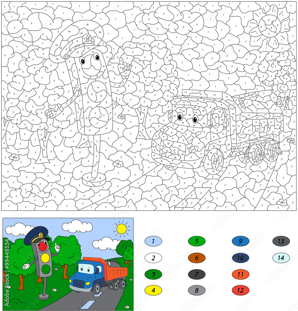Color by number educational game for kids. Cartoon traffic light Stock ...