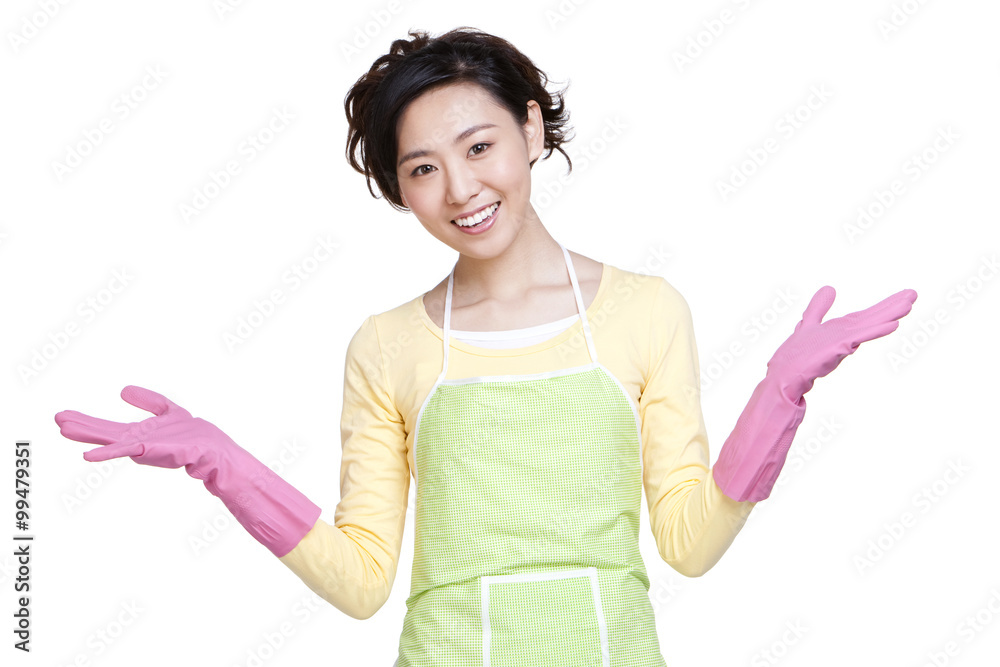 Housewife with washing up glove Stock Photo | Adobe Stock