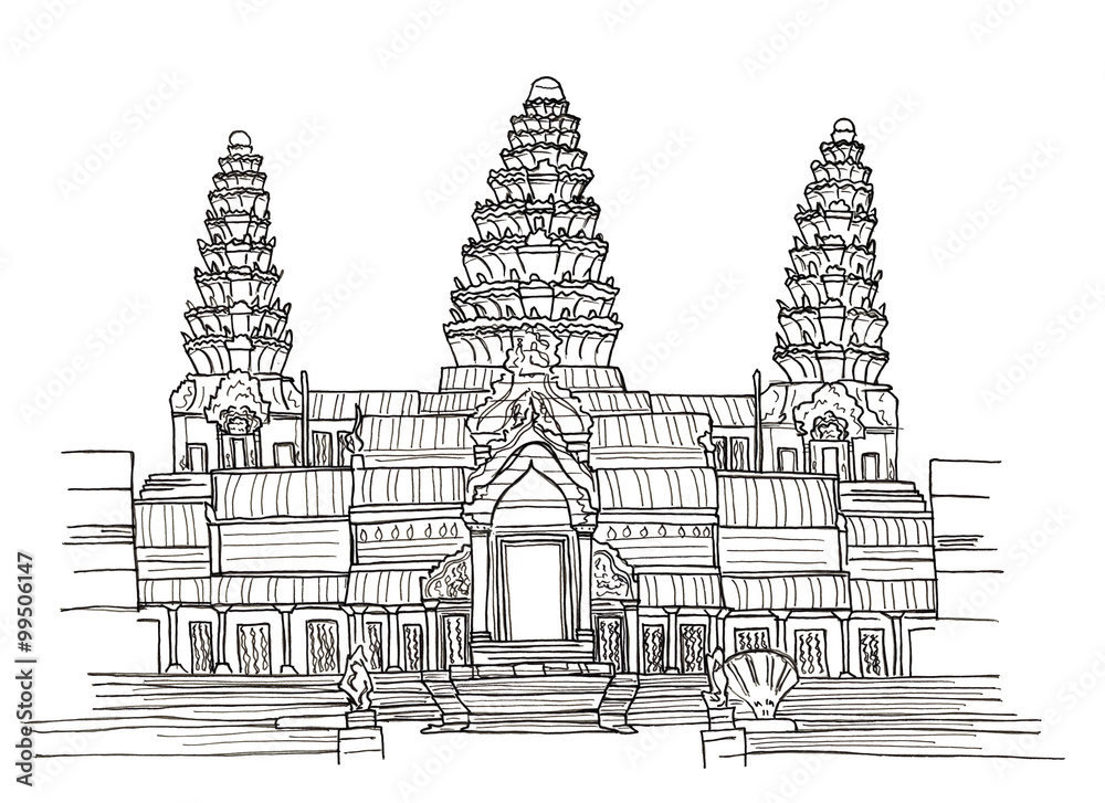 Sketch hand drawn of Cambodia Angkor Angkor Wat(Angkorvoat) isolated on ...