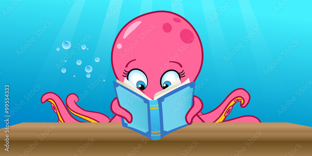 cartoon vector illustration of an octopus reading Stock Vector | Adobe ...