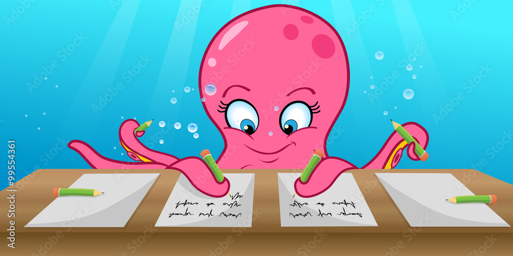 cartoon vector illustration of an octopus writing Stock Vector | Adobe ...