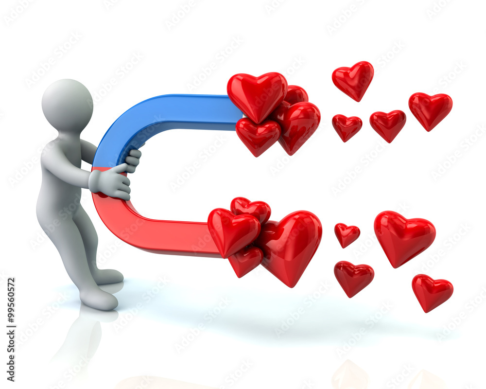 Cartoon man character attracts hearts with a large magnet isolated on ...
