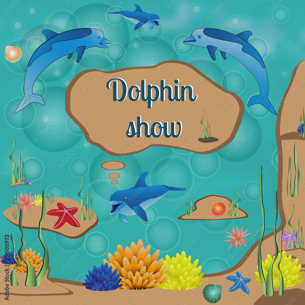 Cartoon poster with dolphins and place for your text. Good for aquapark ...