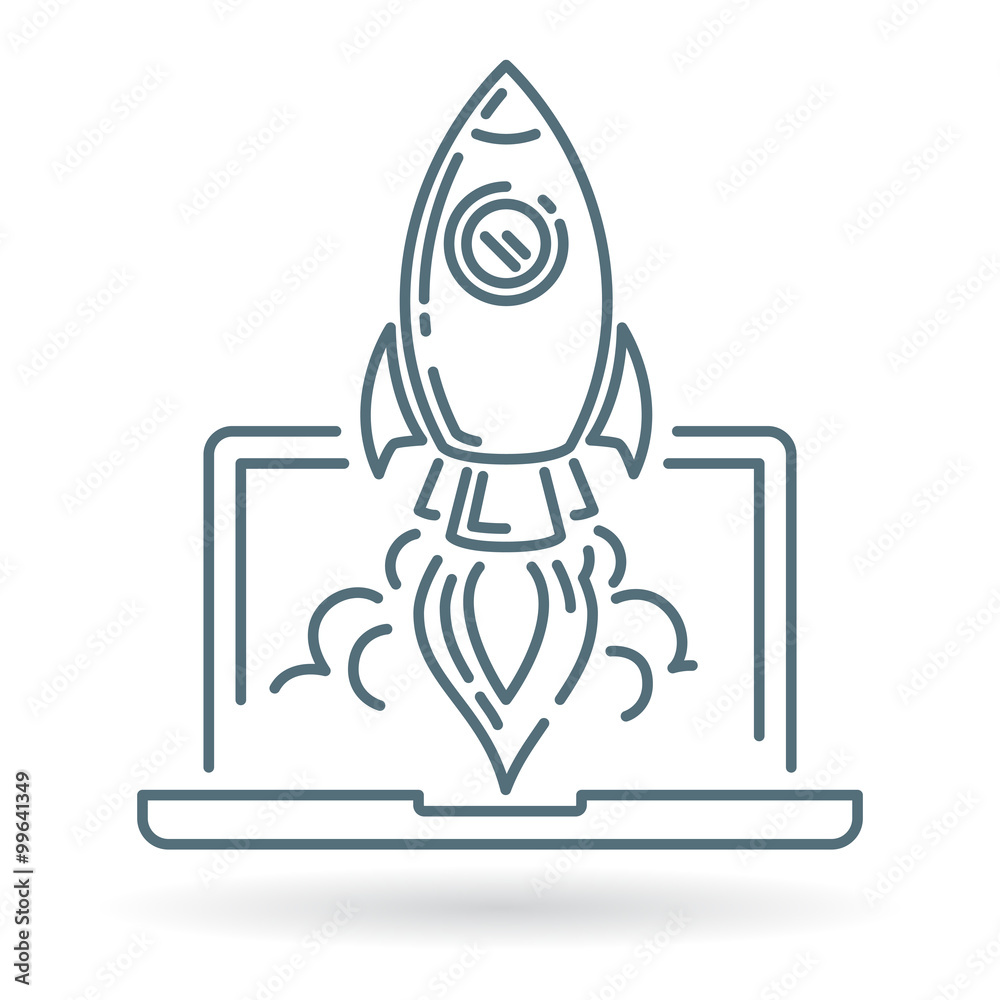 Conceptual rocket launch icon. Spaceship with laptop sign. Rocket take ...