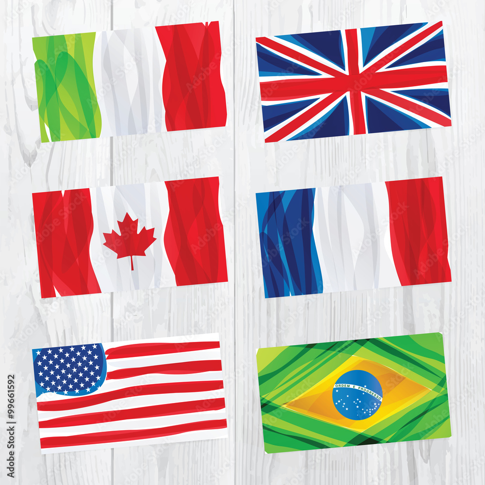 Set of world flags on white wood texture Stock Vector | Adobe Stock