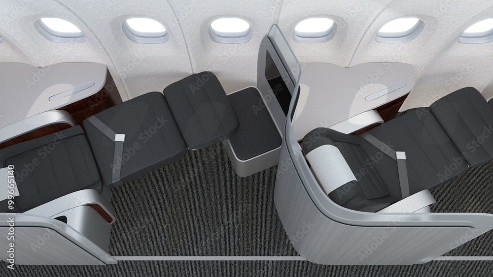 Luxurious business class cabin interior with metallic gold partition ...