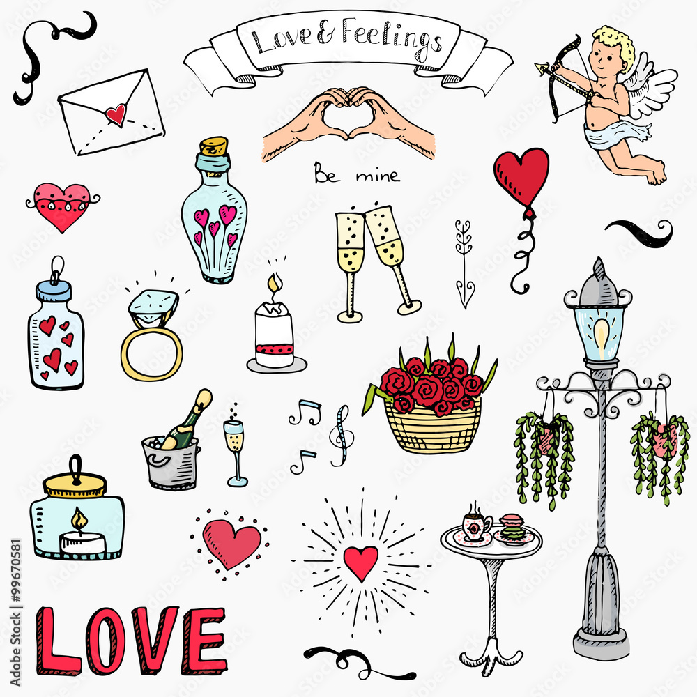 Hand drawn doodle Love and Feelings collection Vector illustration ...