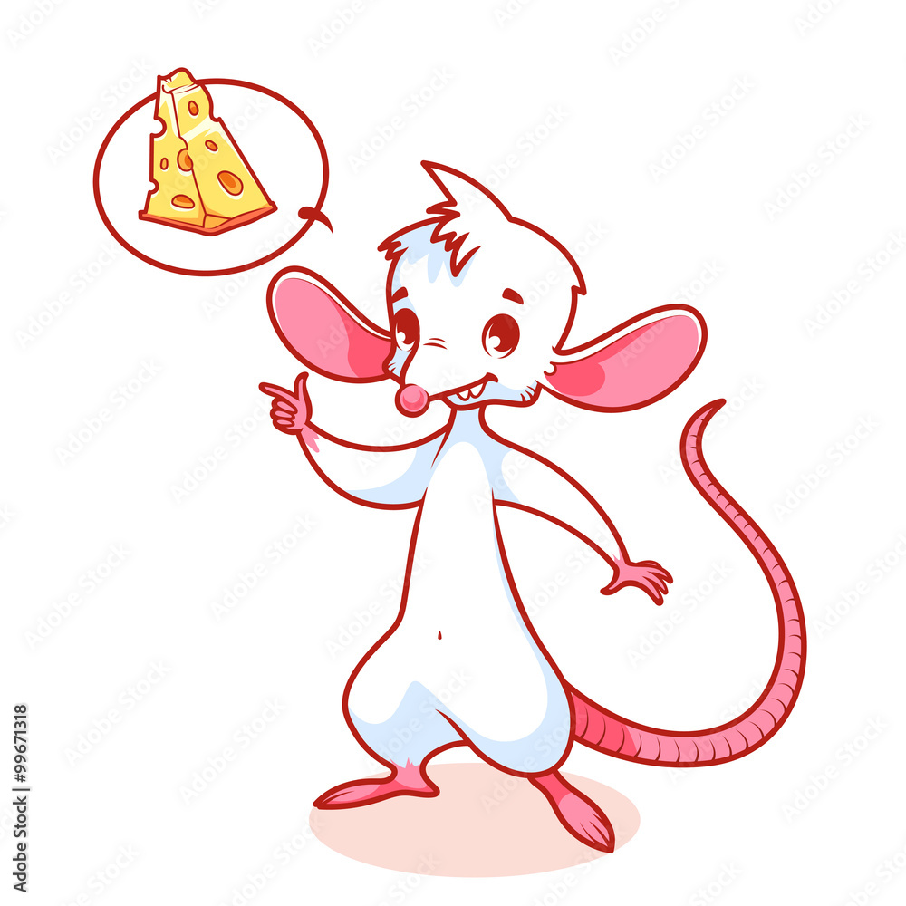 Cute white mouse points his finger at the cheese and smiling. vector de ...