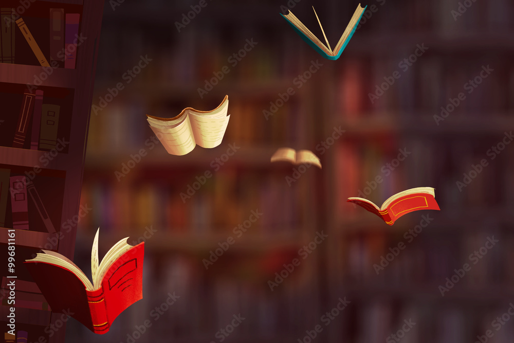 Illustration: The Falling Books. Realistic Fantastic Cartoon Style ...