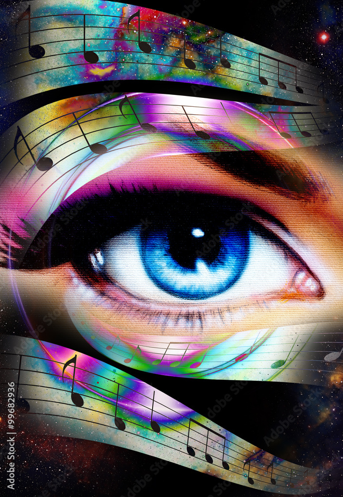 Woman Eye and music note and cosmic space with stars. abstract color ...