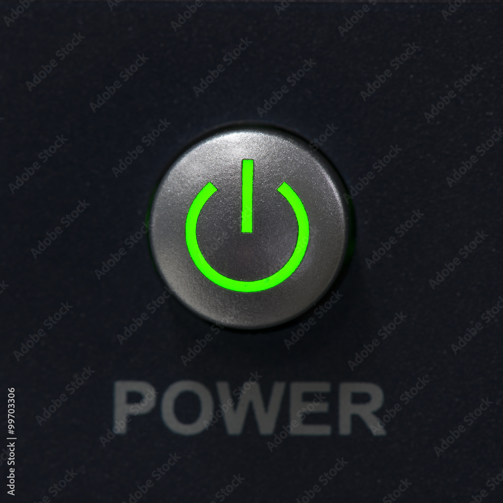 Foto de Power switch push button and green light power on symbol. do ...