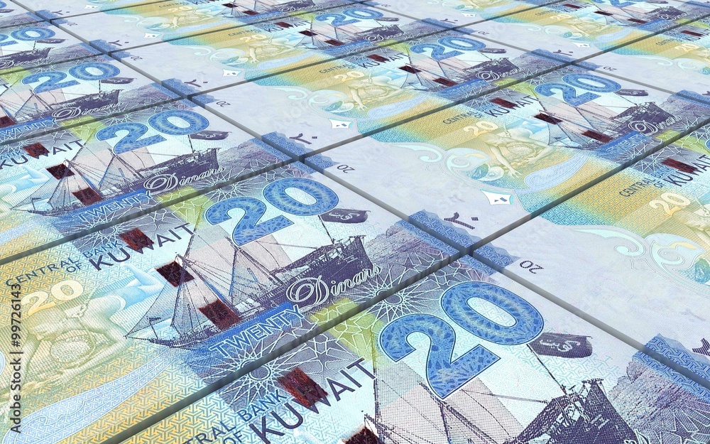 Kuwait dinars bills stacks background. Computer generated 3D photo ...