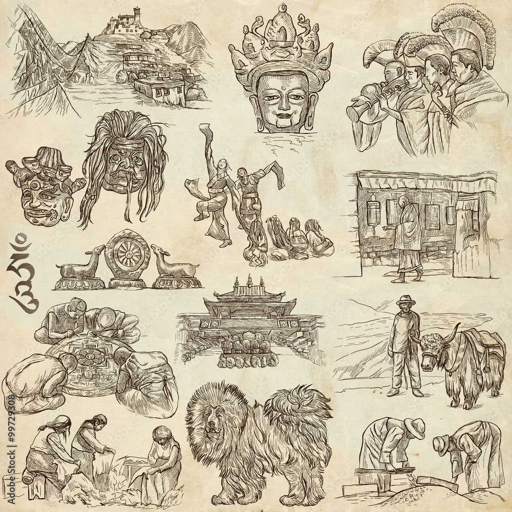 Tibet. Travel - Pictures of Life. Hand drawings. Stock Illustration ...