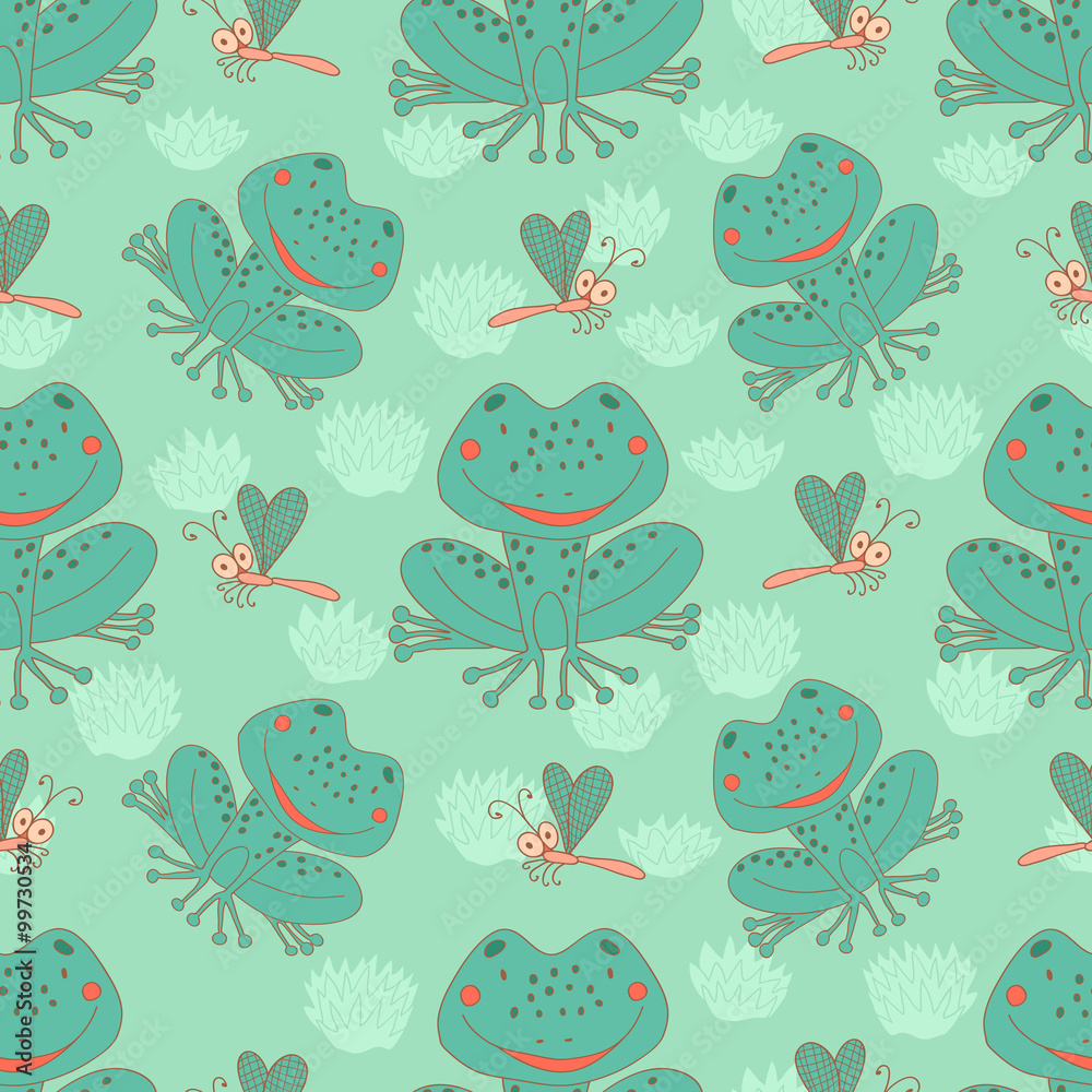 Stylish seamless texture with doodled cartoon frog in pink and b Stock ...