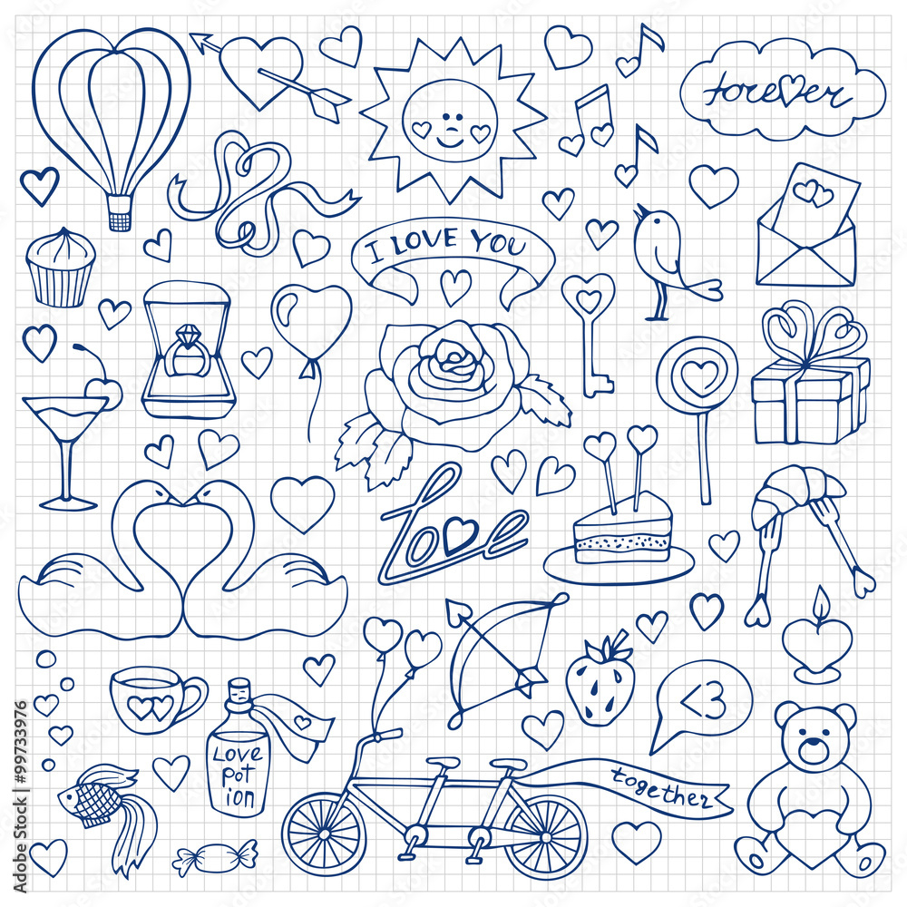 Hand drawn Love set on squared paper Stock Vector | Adobe Stock