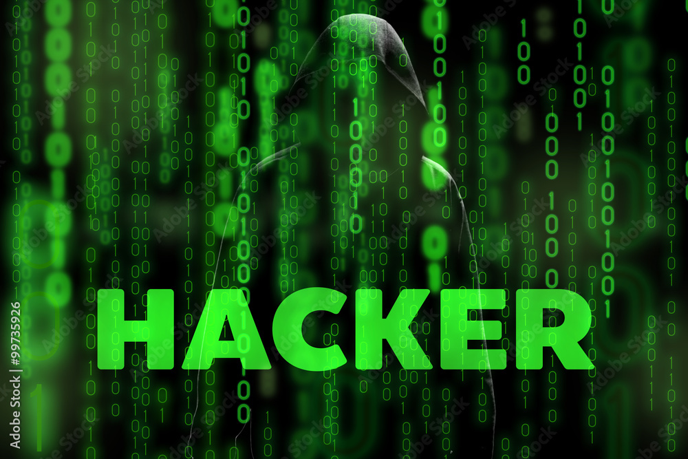 Computer hacker silhouette of hooded man with binary data screen and network security terms in ...
