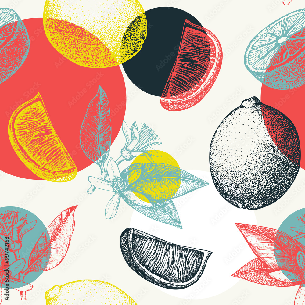 Vector seamless pattern with ink hand drawn lime fruit, flowers, slice ...
