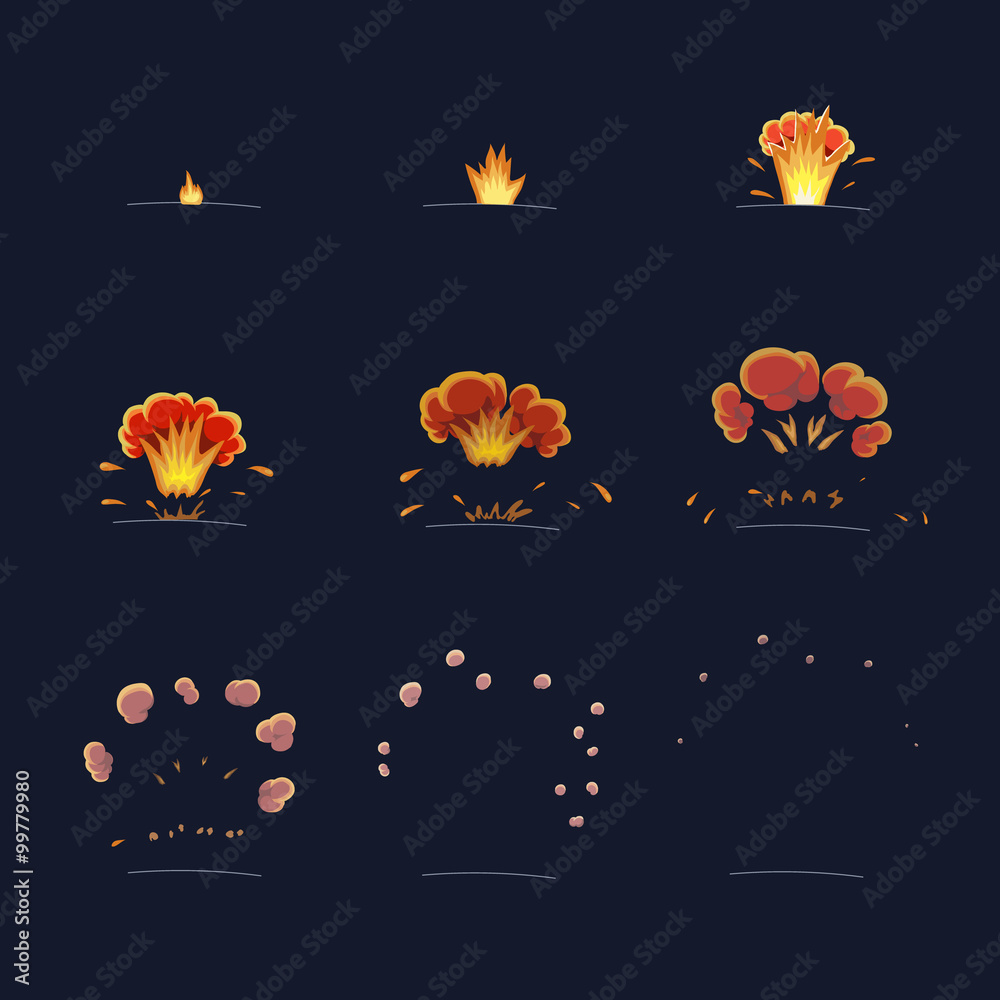 Explode effect animation. Flame and smoke. Cartoon explosion frames ...