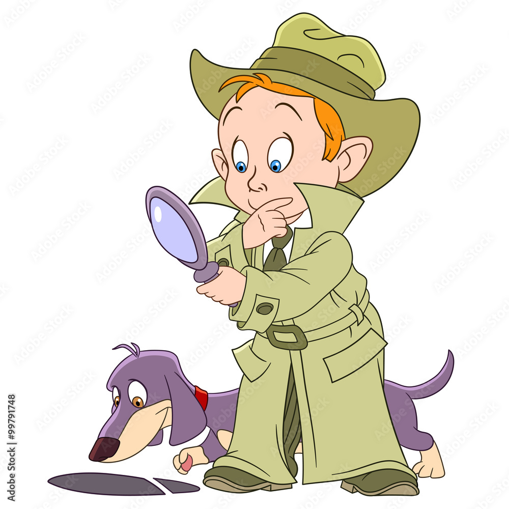 smart young cartoon detective boy and his bloodhound dog are solving a ...