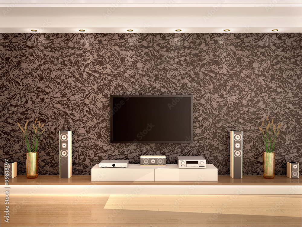 3d illustration of modern home theater in a cozy interior Stock ...