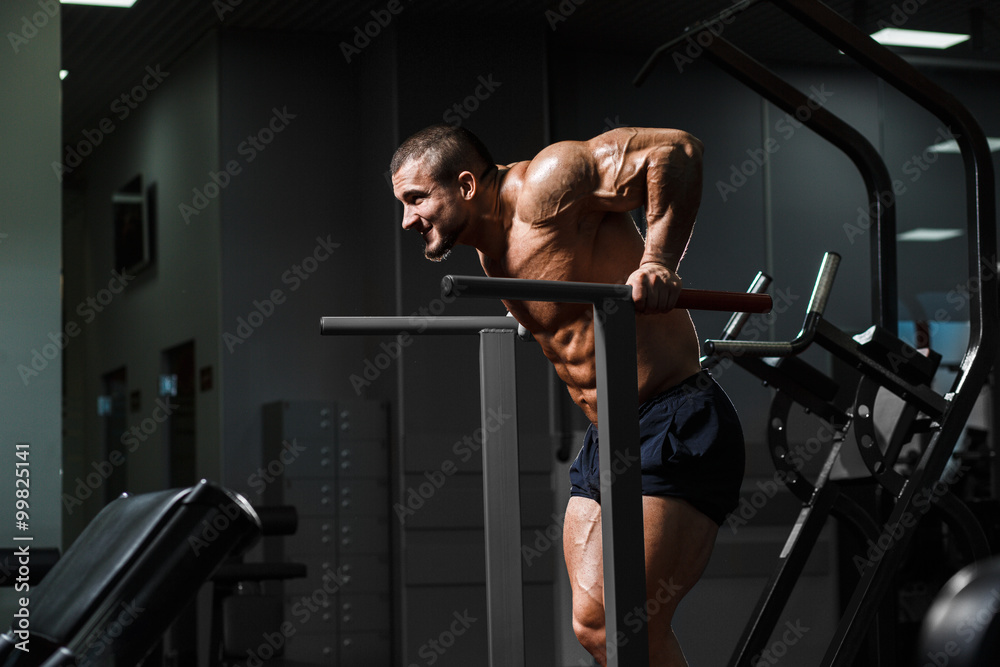 Muscular bodybuilder working out in gym doing triceps exercises on ...