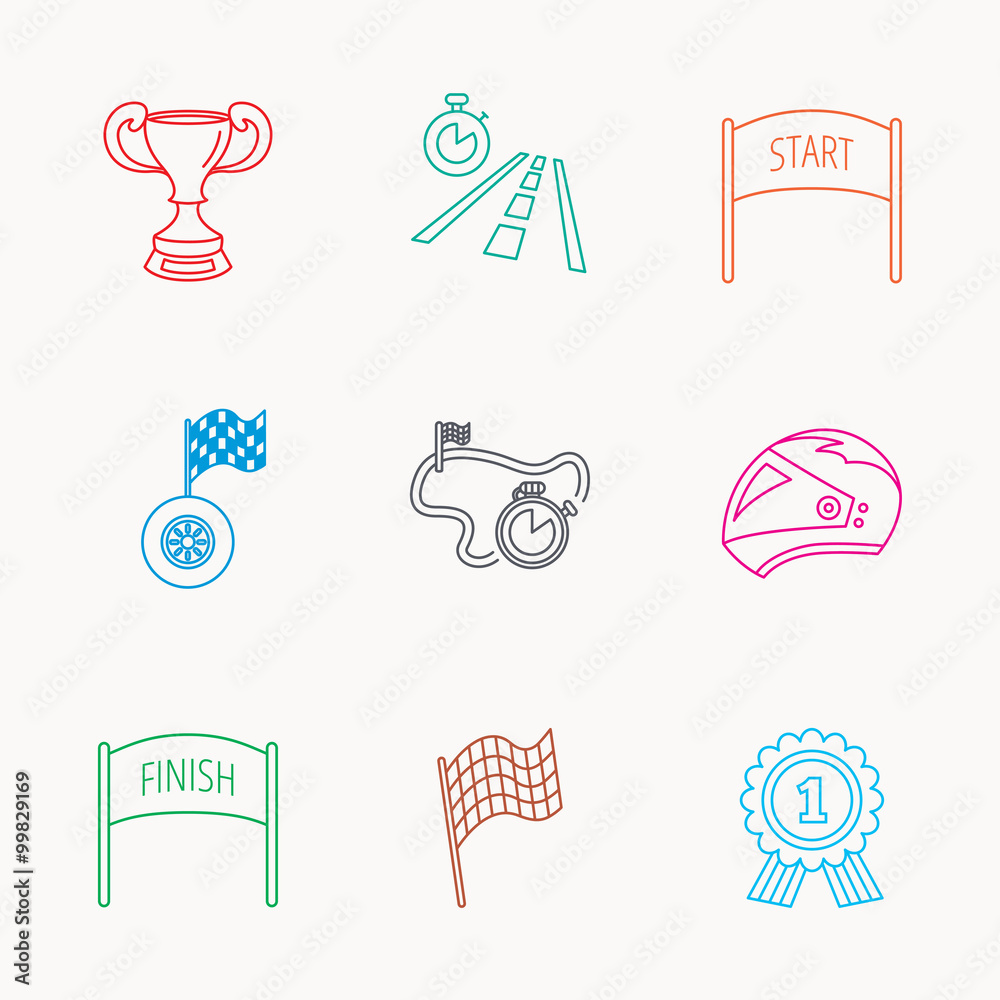 Winner cup and award icons. Race flag signs. Stock Vector | Adobe Stock