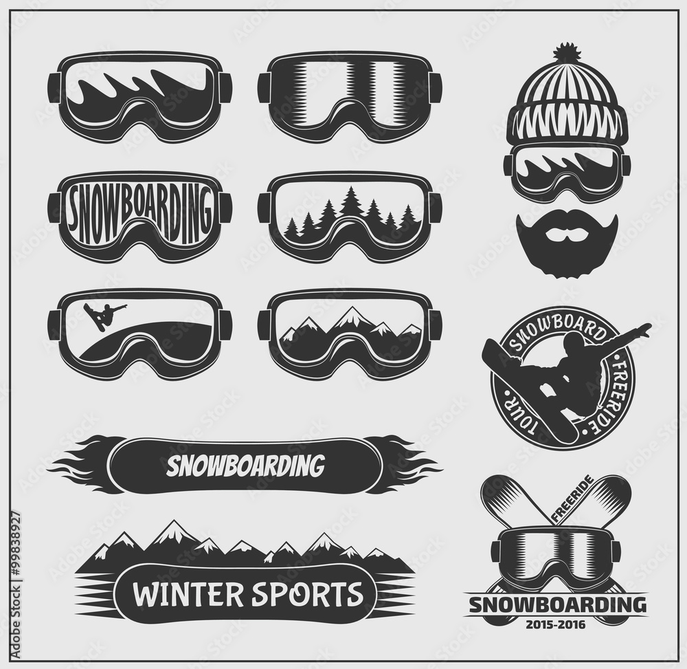 Collection of snowboarding labels, emblems, badges and design elements ...
