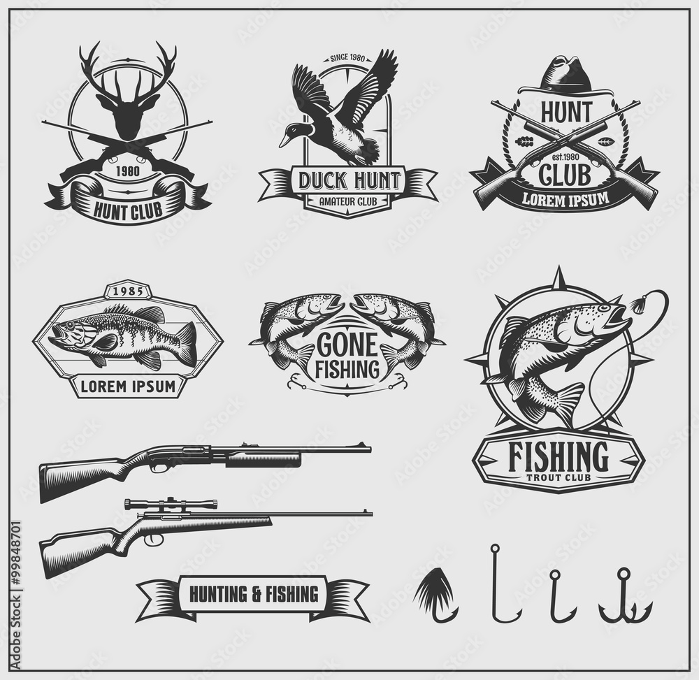 Set of hunting and fishing club badges, labels and design elements ...