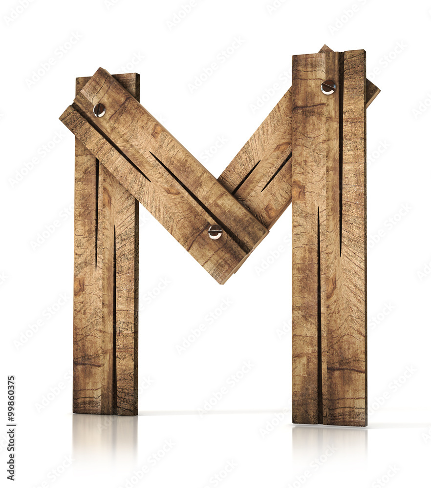 Single wooden M letter isolated on the white background. 3d ...