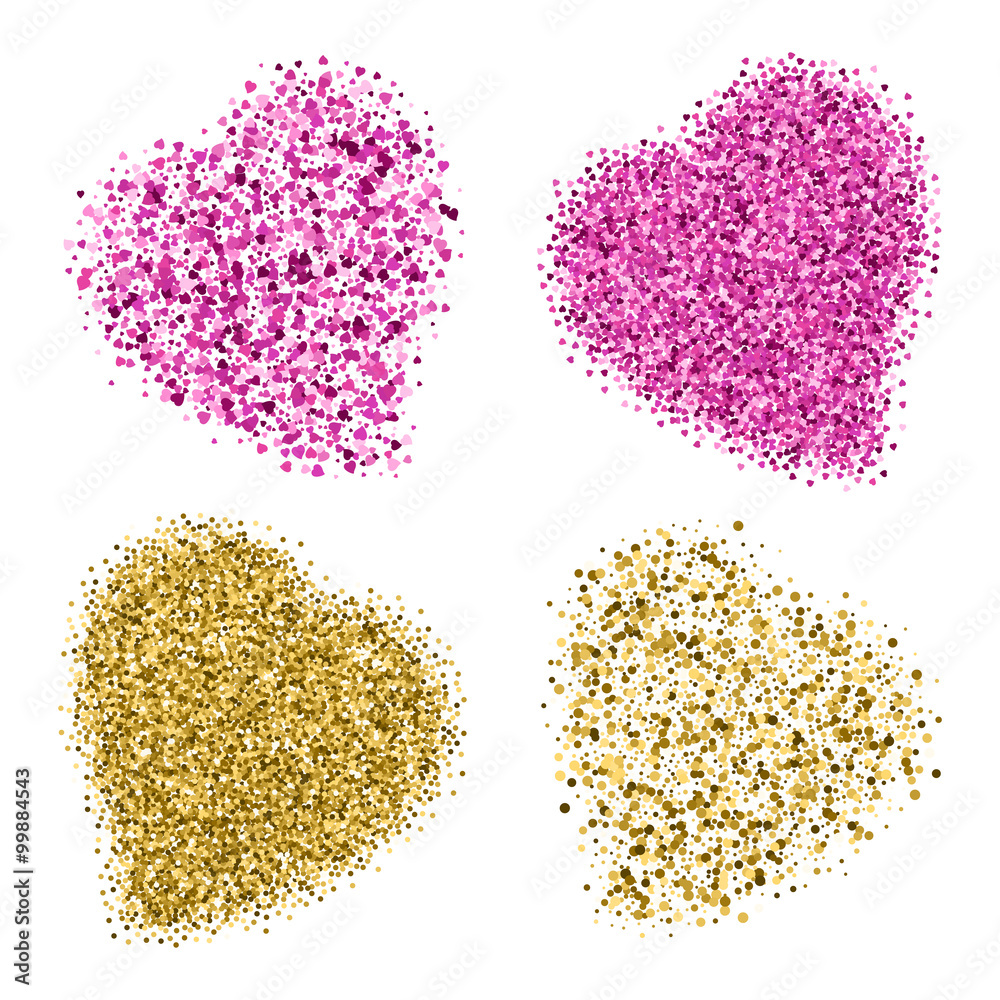 Shapes of four different hearts from golden glitter and pink scattering ...