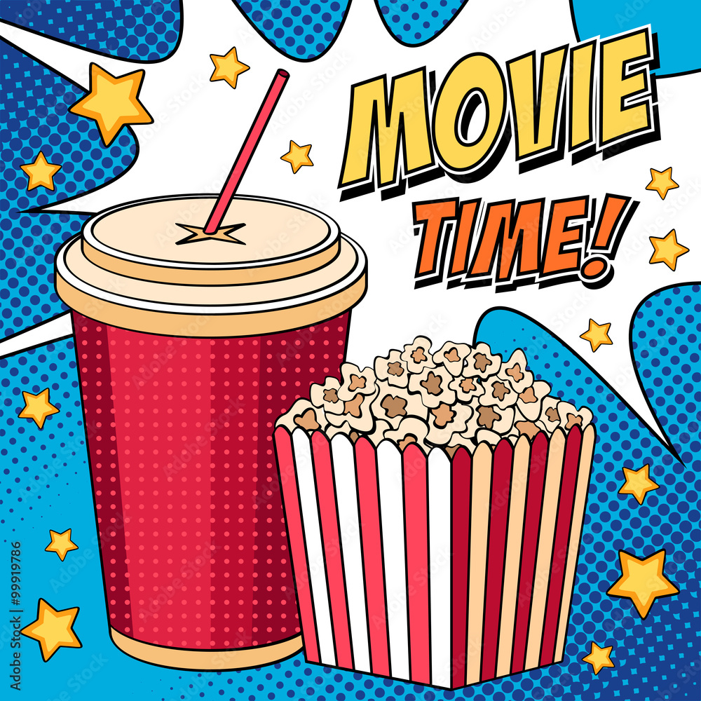 Comic illustration with popcorn box and cola in pop art style Stock ...