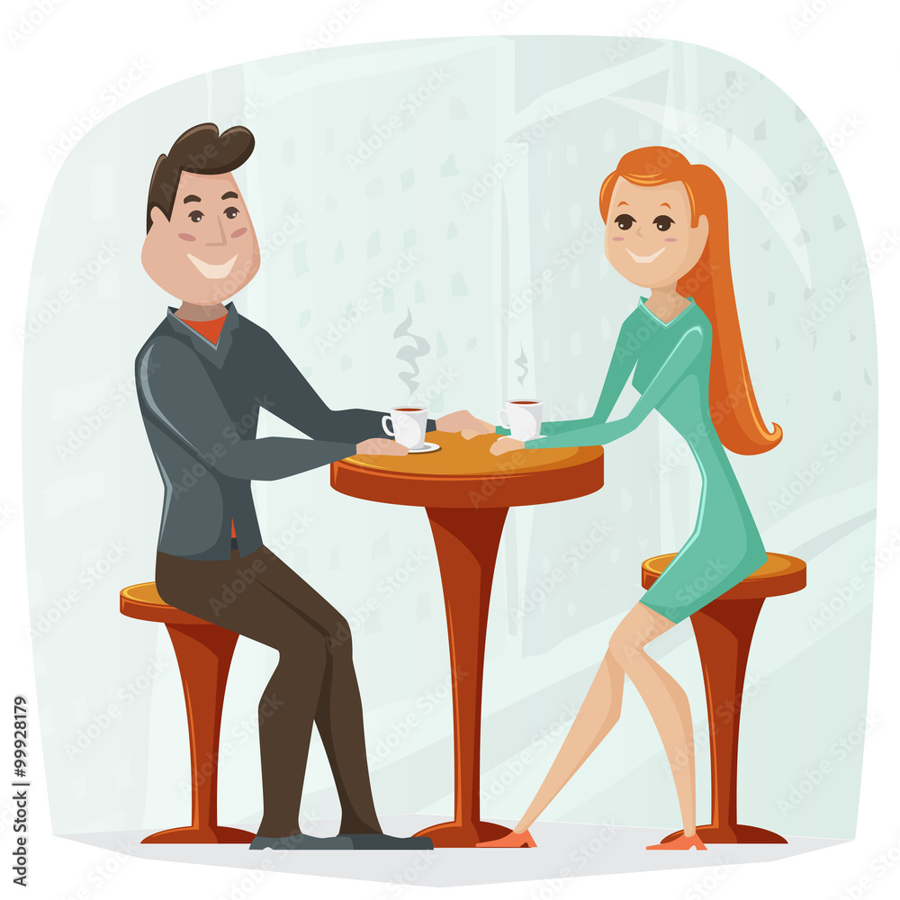 Loving couple in a cafe. Vector cartoon illustration in retro style ...