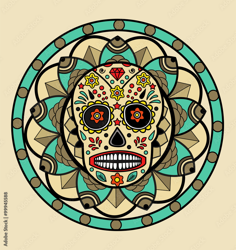 Mexican skull on a mandala background vector, teschio messicano su ...