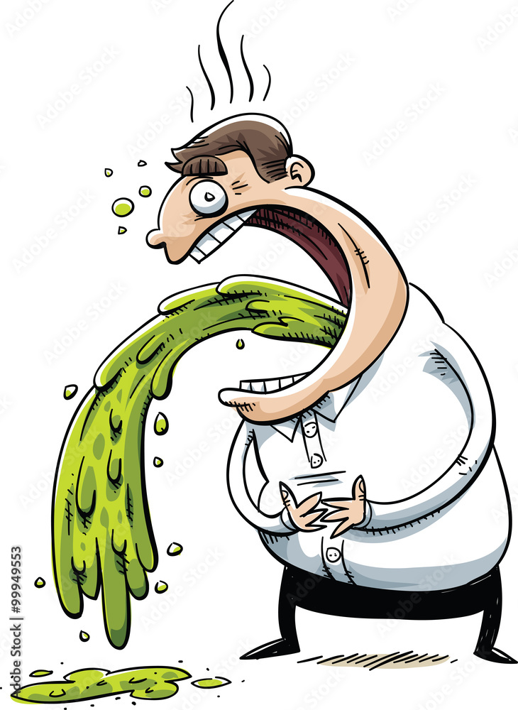 A cartoon man vomits green goo from his mouth because he's feeling sick ...
