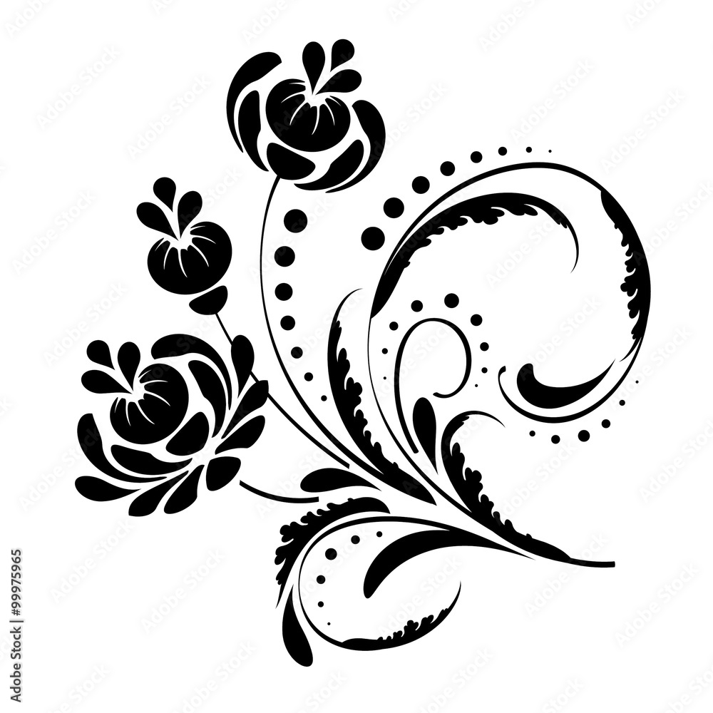 vector black and white floral vignette with curls on a white background ...