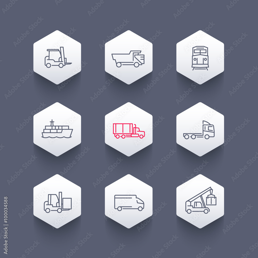 Transportation, line icons, forklift, cargo ship, freight train, cargo ...