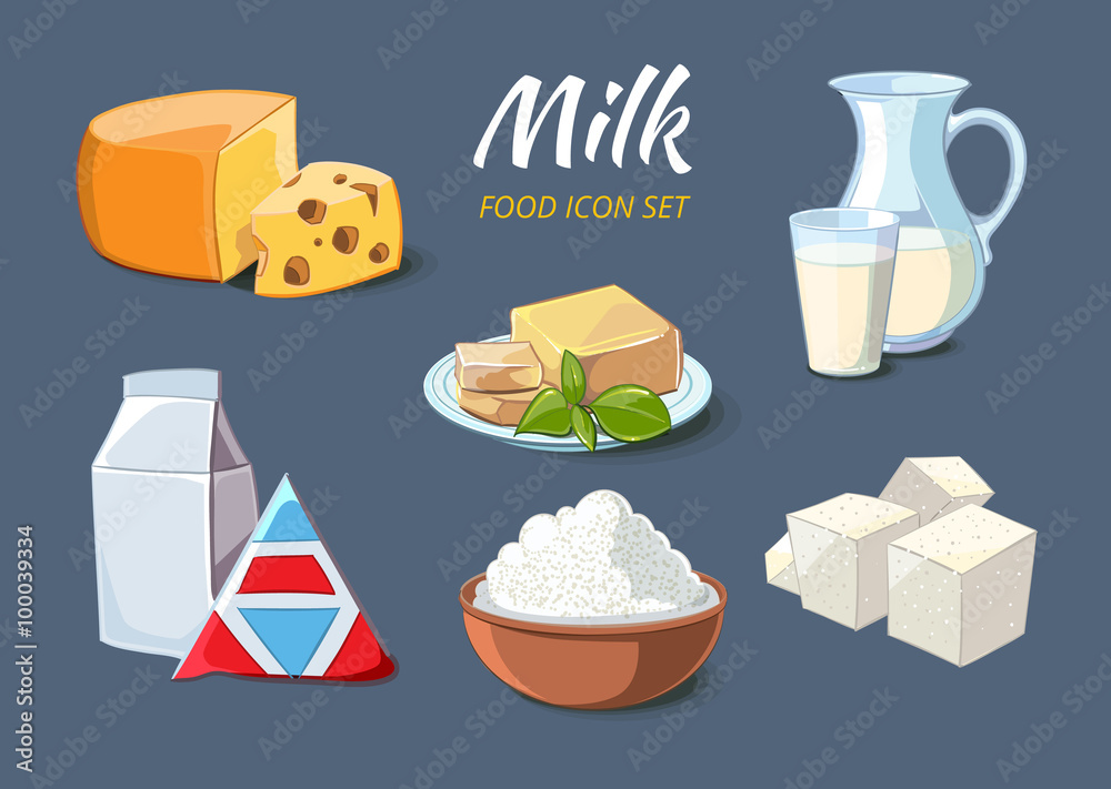 Milk products icons in cartoon style. Food organic cheese and butter ...