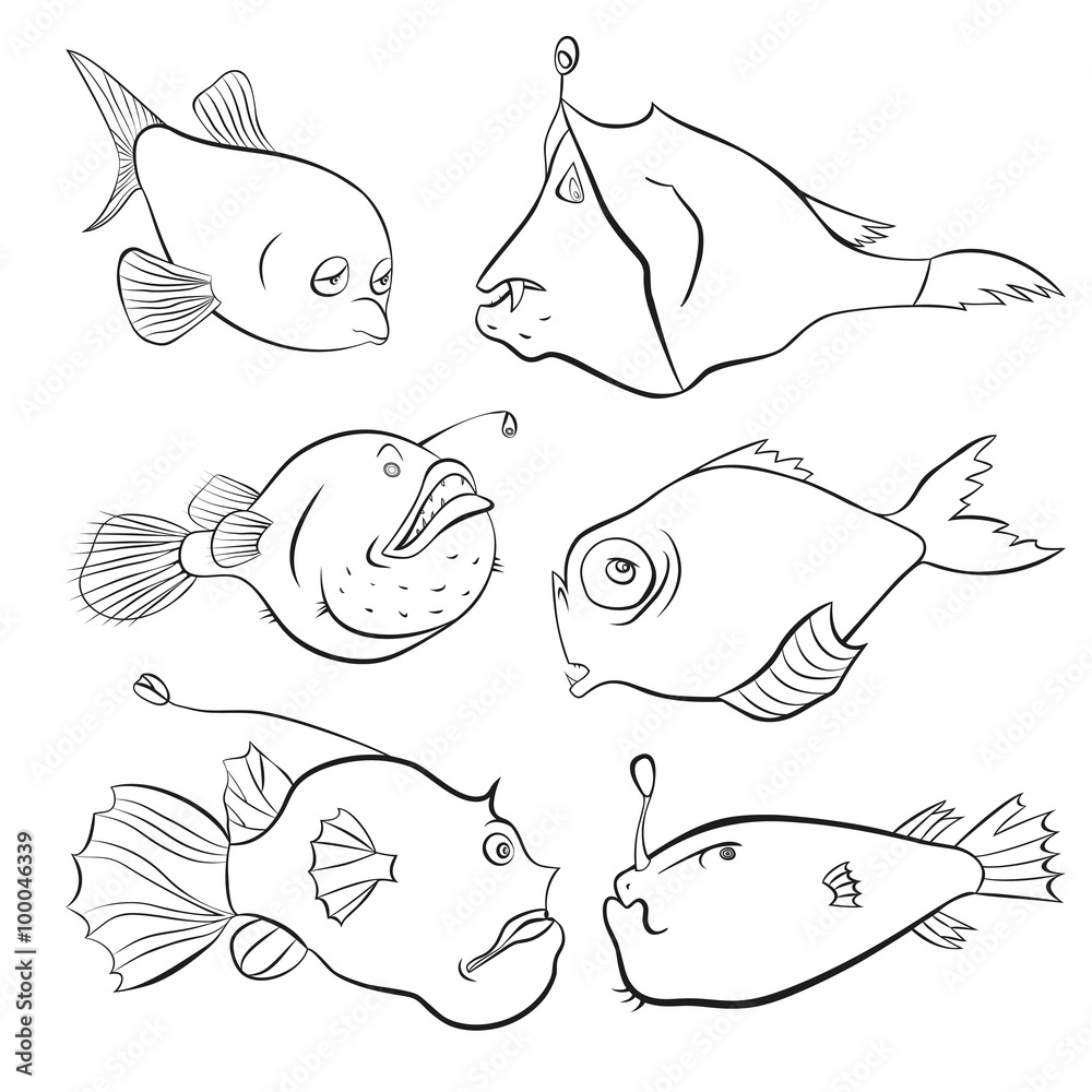 Vector set of sad, tired, scared and serious deep-water fishes Stock ...
