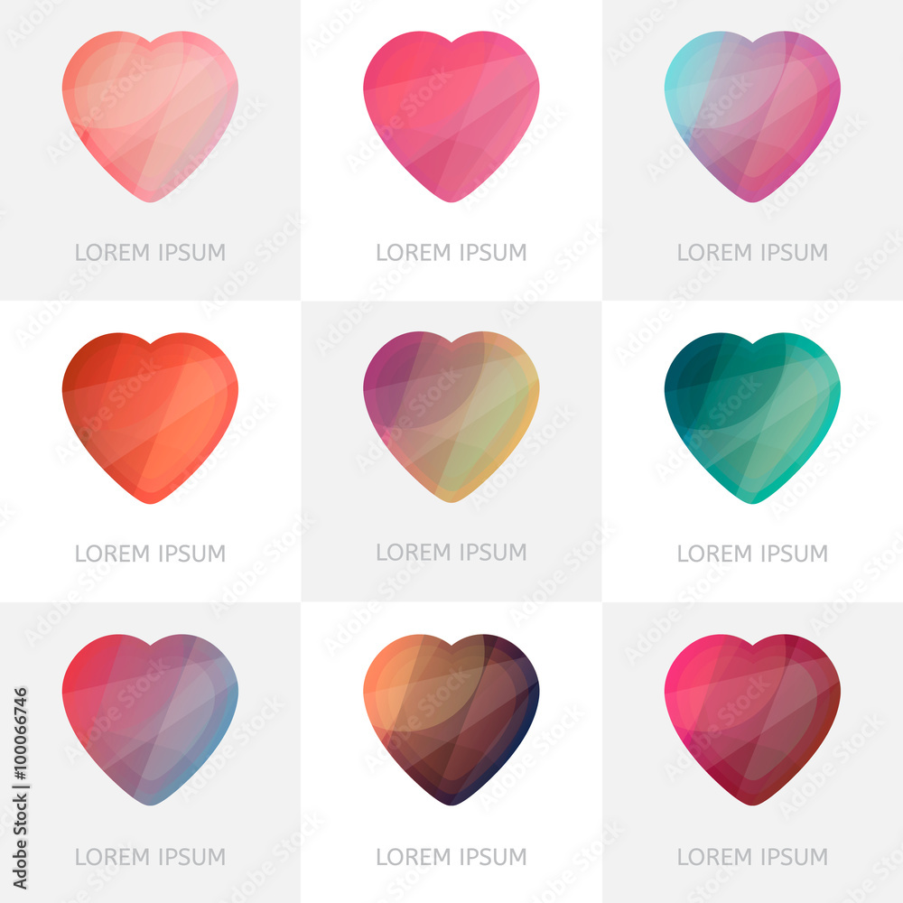 Premium colorful set of geometric logo hearts icons in low poly style ...