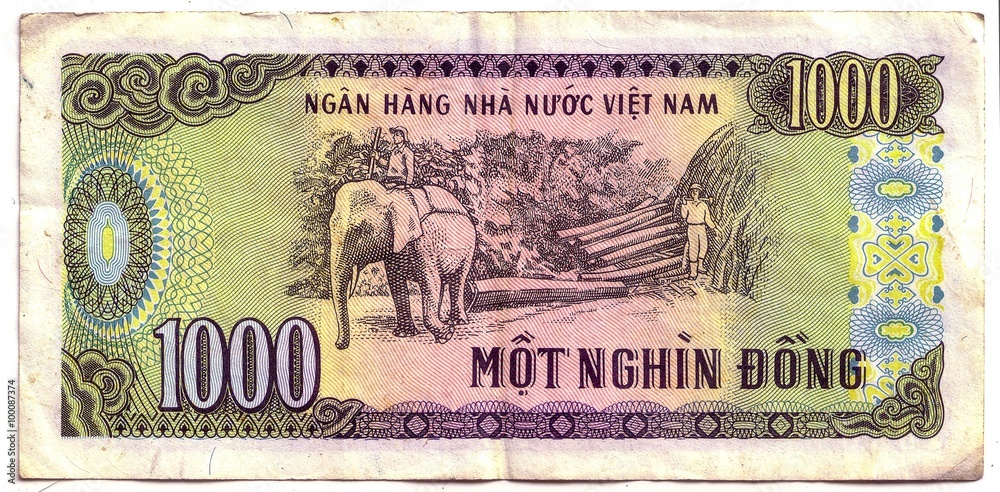 1000 dong bill of Vietnam, crumpled and used, top view. the front of ...