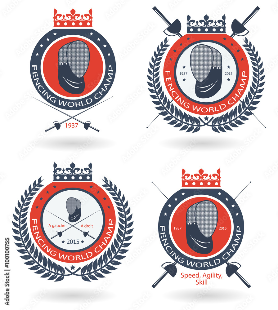Fencing team, club or championship round logo set with crown and laurel ...