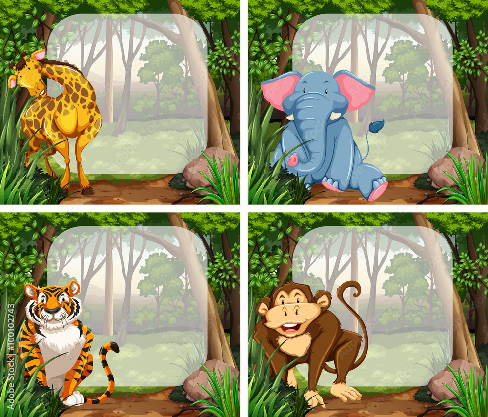 Border design with wild animals in jungle Stock Vector | Adobe Stock