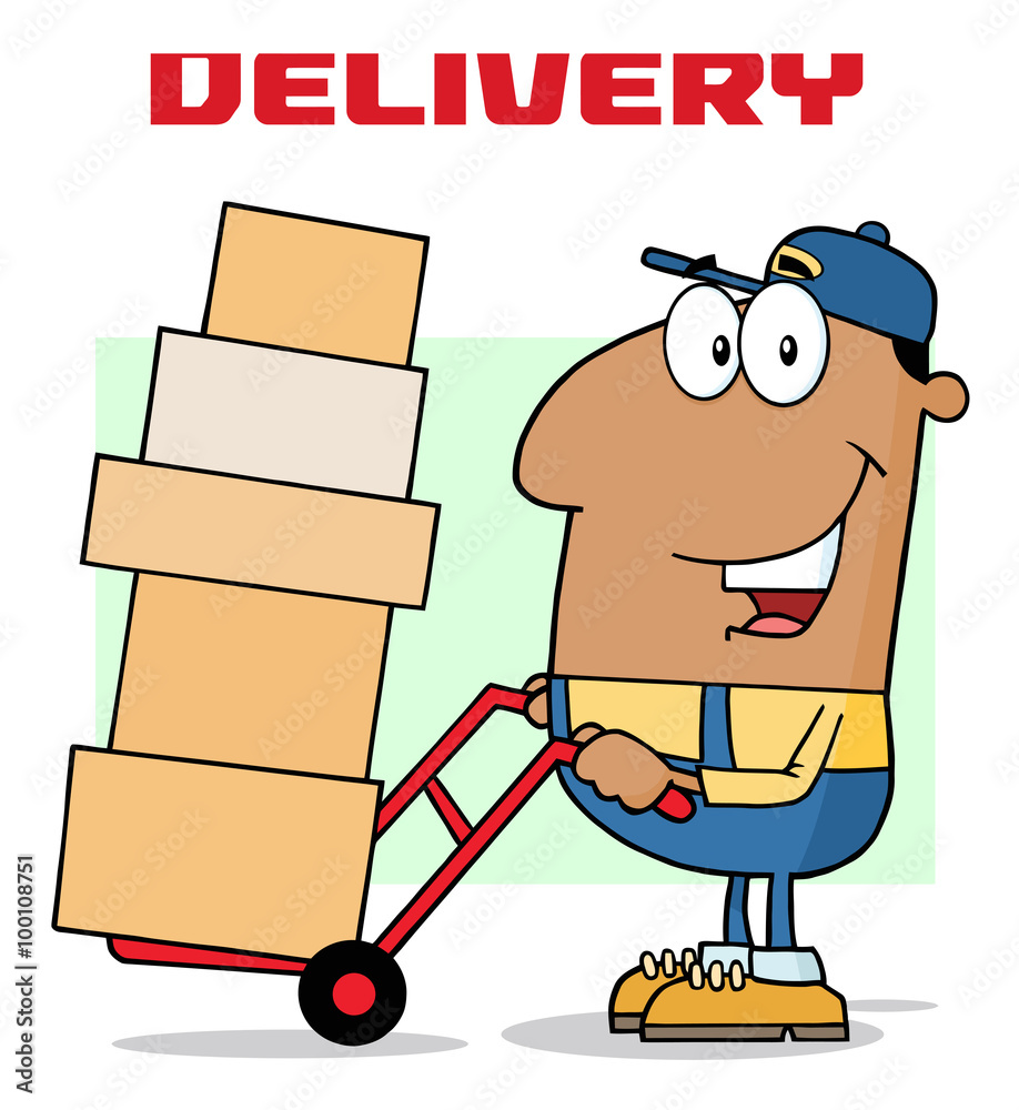 African American Delivery Man Cartoon Character Using A Dolly To Move ...