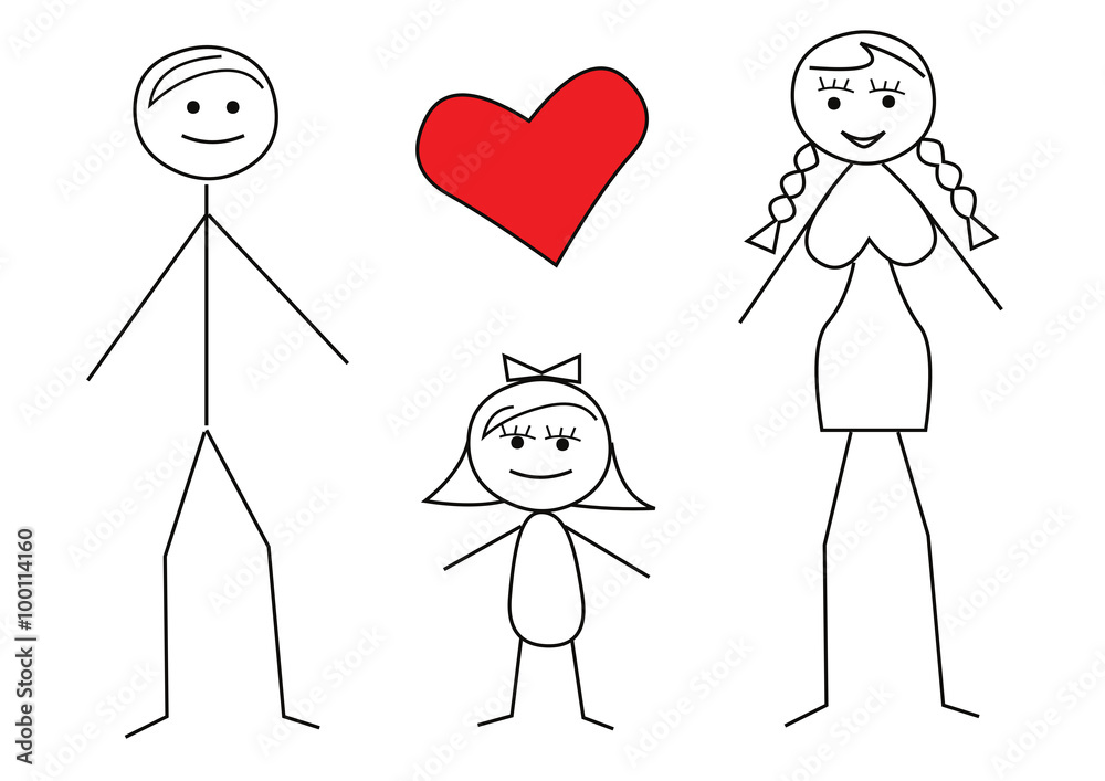 Childlike drawing of stickman father, mother and little girl. Happy ...