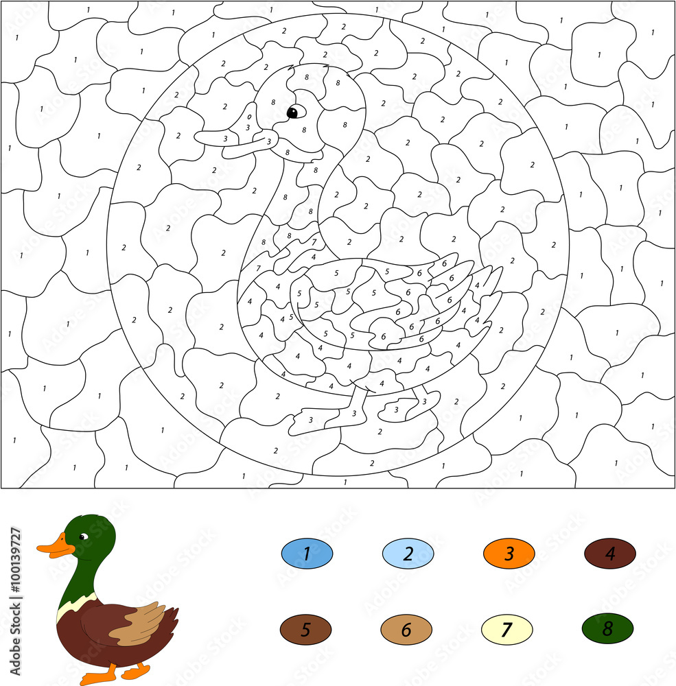 Cartoon duck. Color by number educational game for kids. Vector Stock ...