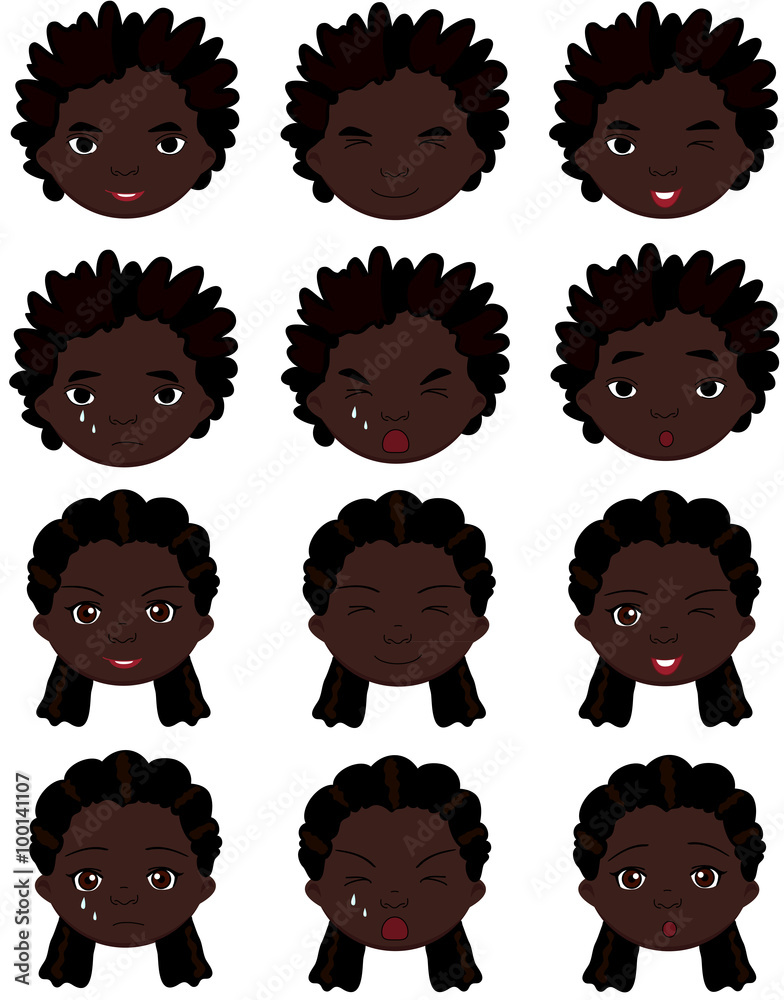 Afro boy and girl emotions: joy, surprise, fear, sadness, sorrow Stock ...