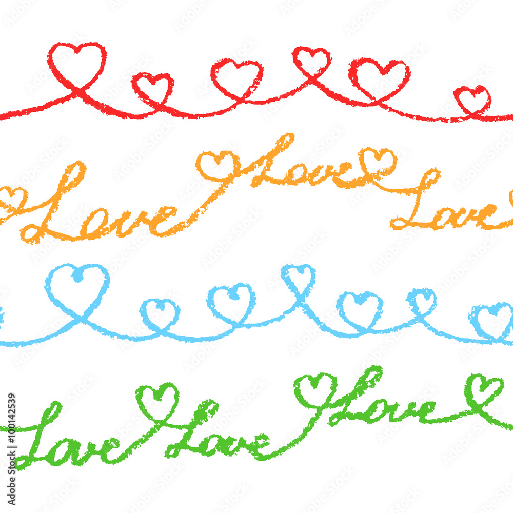 Hand drawn pastel chalk crayon seamless border with love heart. Set of ...