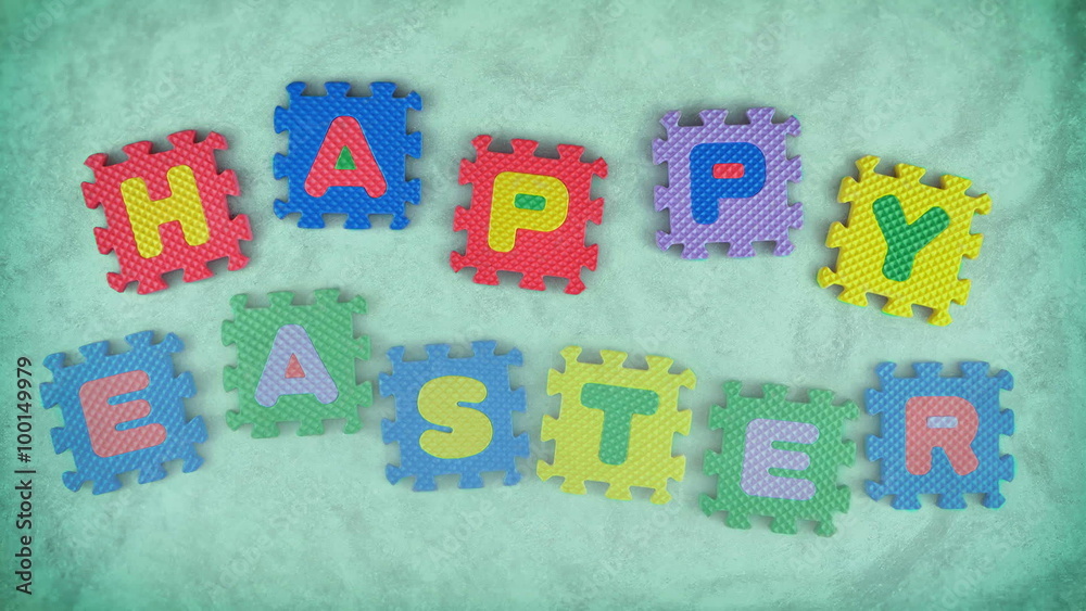 Words Happy Easter made of alphabet puzzle appearing word by word with ...