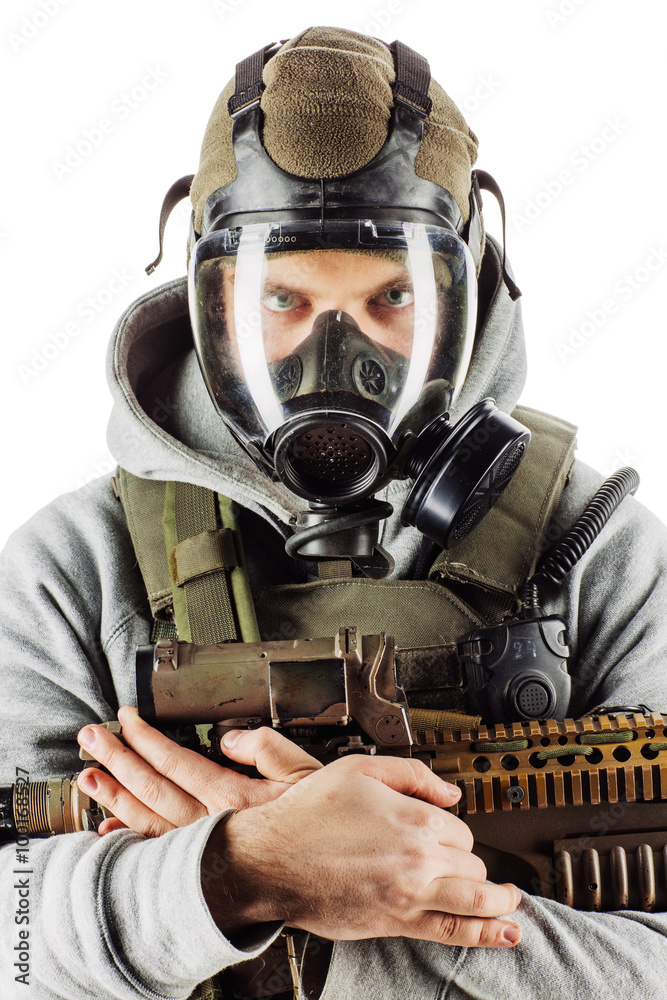 rebel with gas mask and rifles against a white background Stock Photo ...